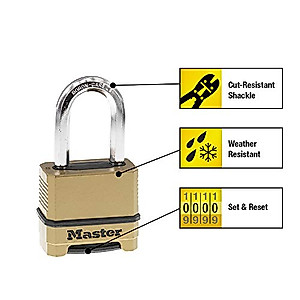 Master Lock Outdoor Combination Lock, Heavy Duty Weatherproof Padlock, Resettable Combination Lock for Outdoor Use, M175XDLF, Brass Finish