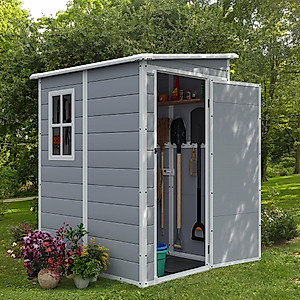 JUMMICO Outdoor Storage Shed, 5 x 4 FT Resin Shed with Floor and Lockable Door, Plastic Garden Tool Outside Sheds for Patio Backyard Lawn