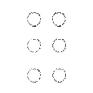 925 Sterling Silver Small Hoop Earrings - 14K White Gold Plated Silver Hoop Earrings | Tiny Endless Huggie Hoop Earring Cartilage Earrings for Women Men(3 pairs 6mm)