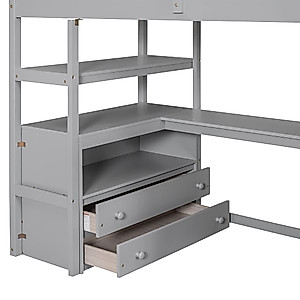 Twin Loft Bed with Stairs and Desk, Wood Loft Bed Frame with Storage Cabinet, High Loft Beds with Drawers & Shelf for Kids, Juniors, Teen, Boys, Girls, Gray