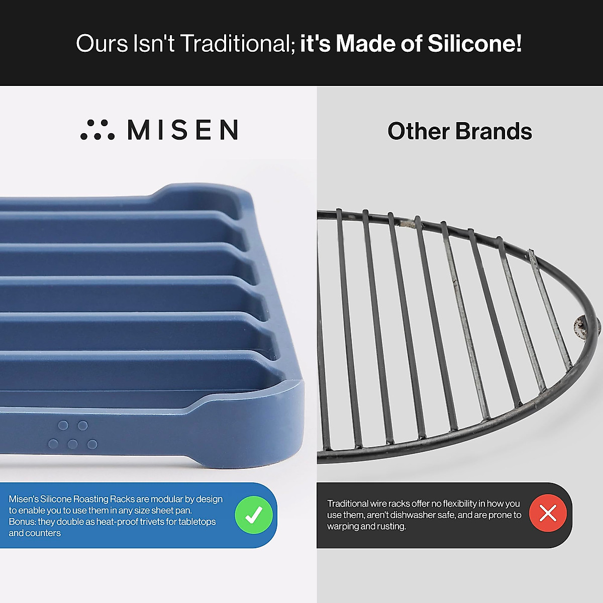 Misen Silicone Roasting Racks - Flexible 2-Piece Design, Maximum Airflow, Nonstick Surface, Easy to Clean, Perfect for Easy Sheet-Pan Dinners, No Scrubbing, High-Grade Silicone, Oven & Dishwasher Safe