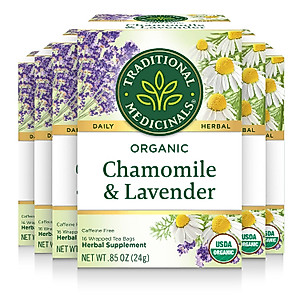 Traditional Medicinals Organic Chamomile & Lavender Herbal Tea, Settles Nervous System, (Pack of 6) - 96 Tea Bags Total