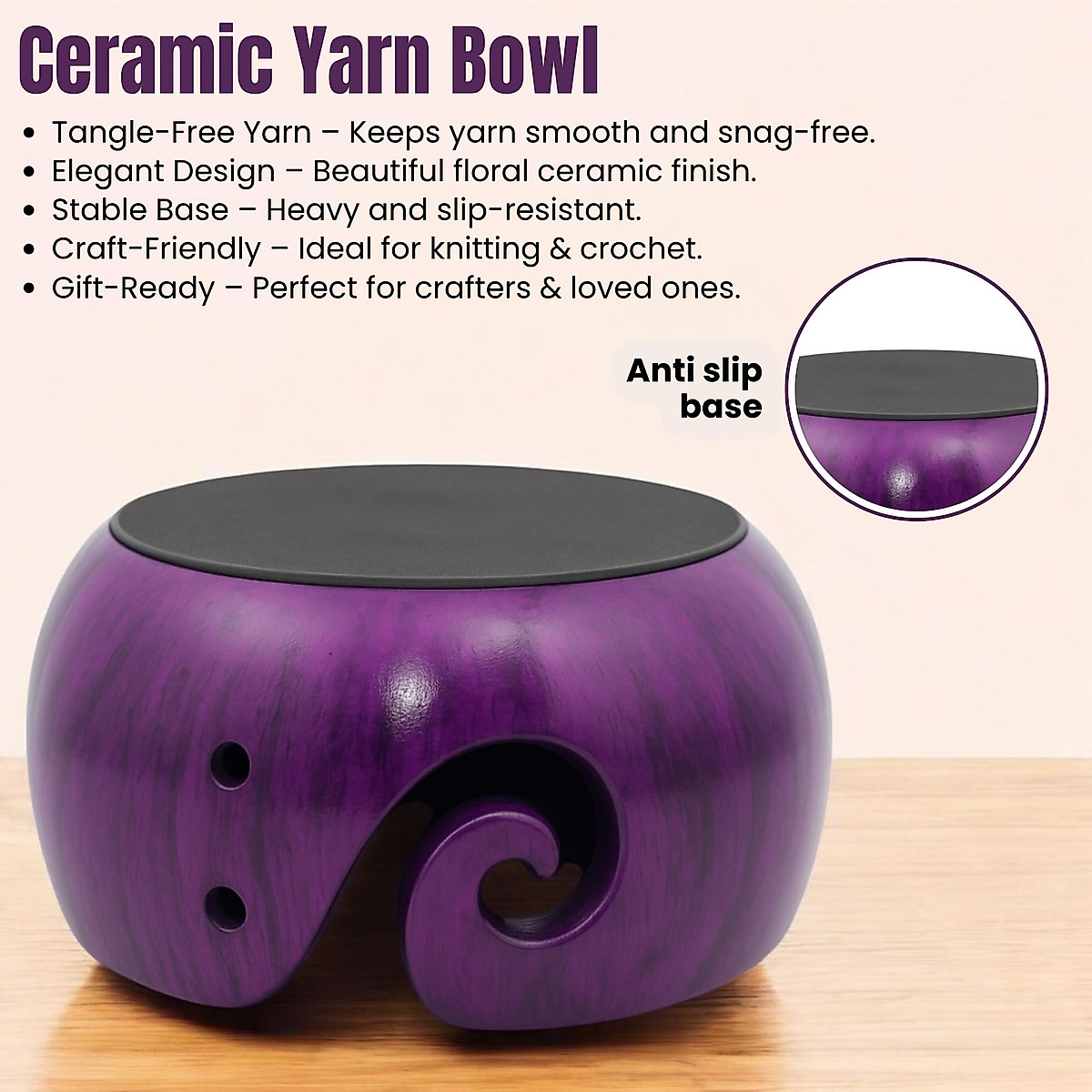 Hind Handicrafts Premium Solid Handmade Crafted Metallic Finish - Aluminium Portable Yarn Storage Bowl - Holder for Knitting Crochet Hook Accessories (6" x 6" x 3", Purple Stone)
