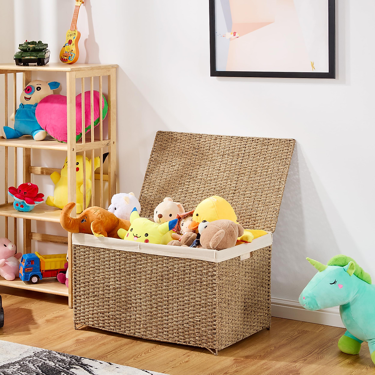 PrimeZone Double Storage Basket With Lid - 160L(42.3 Gallon) Seagrass Woven Rattan Laundry Hamper, Large Foldable Toy Box Blanket Storage Bin Trunk with Removable Liner for Bedroom, Bathoom, Natural