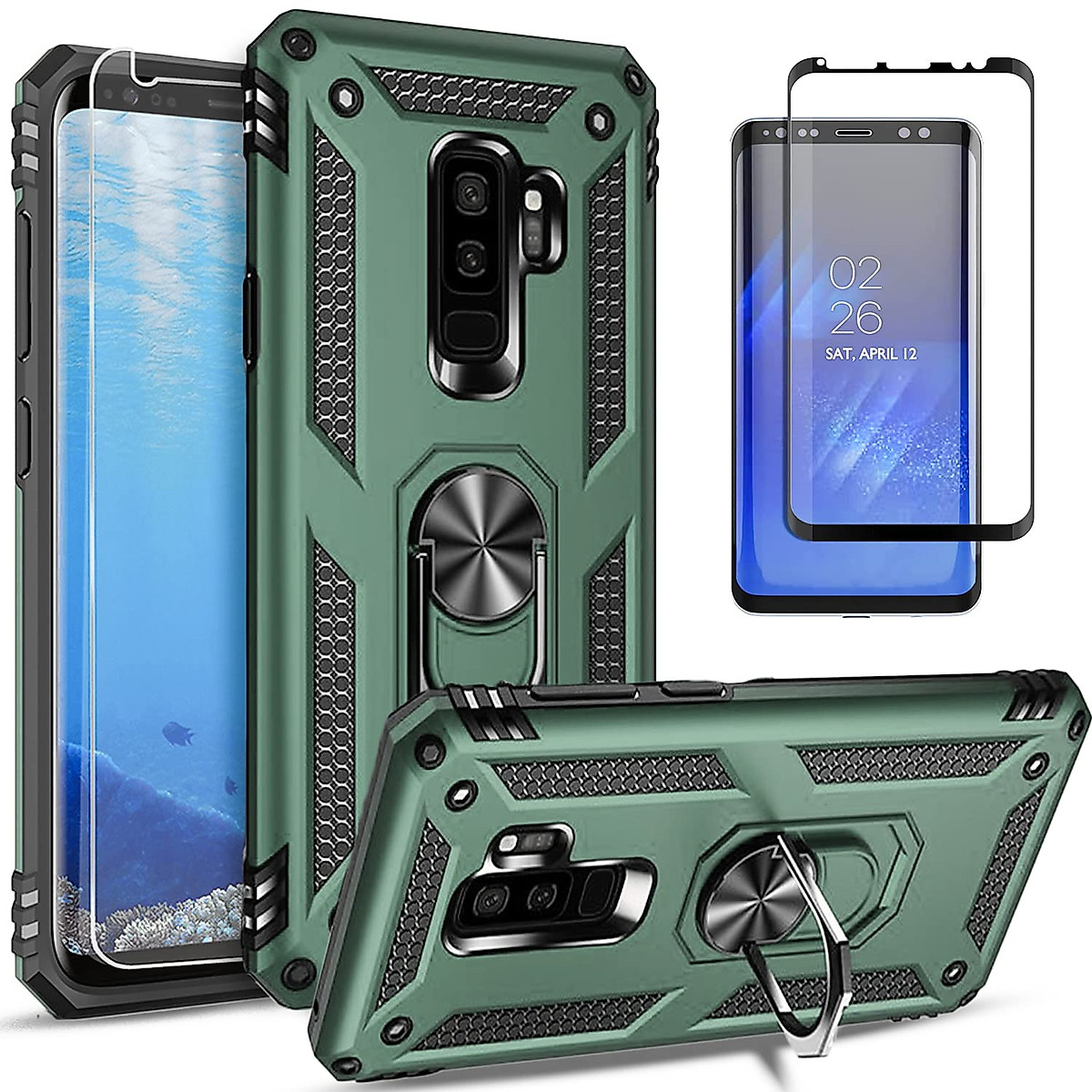 STARSHOP Galaxy S9 Plus Case, Samsung Galaxy S9 Plus Case, [NOT FIT S9 ] with [Tempered Glass Protector Included] Rotatable Metal Ring Kickstand Shockproof Drop Protection Phone Cover - Green