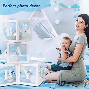 RUBFAC Baby Boxes with 8 Letters and 36 Balloons, 4pcs Clear Balloon Boxes for Baby Shower Décor BABY Blocks Design for Boys Birthday Party Decorations