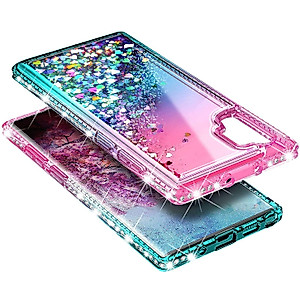NGB Supremacy for Galaxy Note 10+ (Plus) Phone Case with Screen Protector (Flexible TPU), Ring Holder/Wrist Strap Lanyard, Glitter Floating Liquid Cute Case for Samsung Note 10 Plus Pink/Aqua