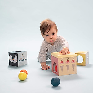 Taf Toys Toddlers Object Permanence Ball Drop Stacker, Made of Strong & Durable Cardboard Box & Plastic Cover Perfect Developmental Toy for Tummy-Time