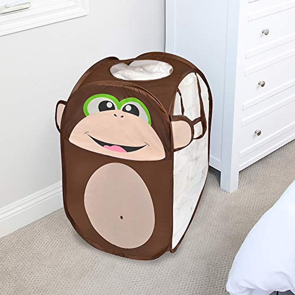 Smart Design Kids Pop Up Organizer with Animal Print - VentilAir Mesh Netting - for Toddlers, Baby Clothes, Plushies, and Toys - Home Organization - Hamper - 13 x 21 Inch - Brown Monkey