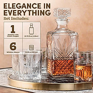 Paksh Novelty Whiskey Decanter Set - 7-Piece Italian Crafted Glass Decanter & Whiskey Glasses Set - Holiday Whiskey Gifts for Men and Women w/ Ornate Stopper and 6 Cocktail Glasses, Red