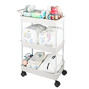 Volnamal Baby Diaper Caddy, Plastic Movable Diaper Cart Newborn Nursery Essentials Baby Diapers Organizer for Changing Table & Crib, Easy to Assemble, Beige