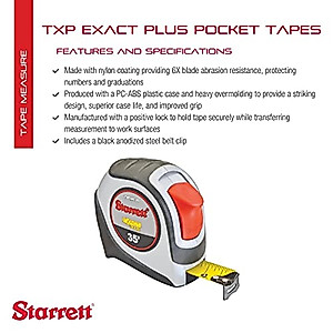 Starrett Exact Plus Retractable Imperial Pocket Tape Measure with Nylon Coating, Self Adjusting End Hook, and Black Anodized Steel Belt Clip - 1.06" Width x 35' Length - KTXP106-35-N
