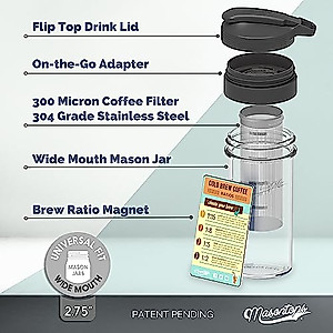 Masontops Cold Brew Makers Kit - Iced Coffee Cold Brew Coffee Maker Tea Maker - Easy Mason Jar Pour Spout & Sip Cap Coffee Accessories Coffee Cold Brew Maker 24 oz Iced Coffee Maker Cold Brew Machine