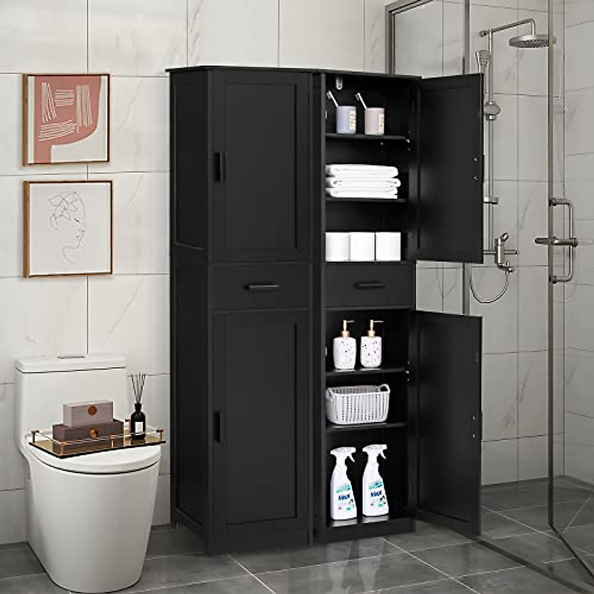 usikey 67" Bathroom Storage Cabinet with 2 Doors & 1 Drawer, Tall Bathroom Cabinet with Adjustable Shelves, Narrow Tall Linen Tower Cabinet for Bathroom, Living Room, Bedroom, Black