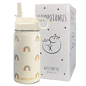Hippypotamus Kids Water Bottle - Vacuum Insulated Stainless Steel Thermos With Straw Lid & Spout For Toddlers - 14 oz (Rainbow)