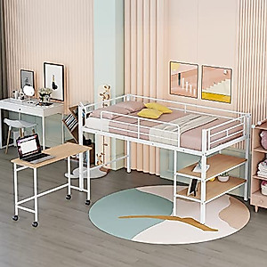 Kids Loft Bed with Desk and Storage, Metal Low Twin Size Bed with Rolling Portable Desk and 2-Tier Shelves, Low Loft Bed with Full-Length Guardrail for Kids Boys Girls Teens (White)