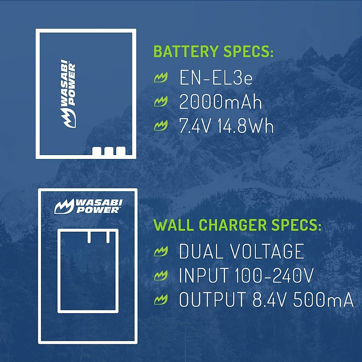 Wasabi Power Battery (2-Pack) and Charger for Nikon EN-EL3e and Nikon D50, D70, D70s, D80, D90, D100, D200, D300, D300S, D700
