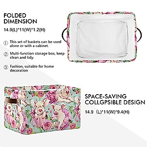 Watercolor Animal Pig Flower Square Storage Basket Bin Canvas Fabric Compressible Organizer Basket with Handle for Bedroom Nursery Office, 1PCS