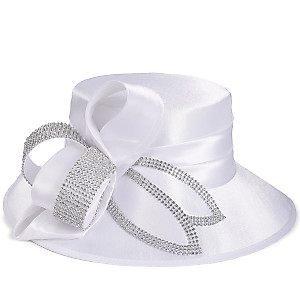 PGTEN Women Satin Dress Church Derby Hats w/Rhinestones - Elegant Headwear for Special Occasions White