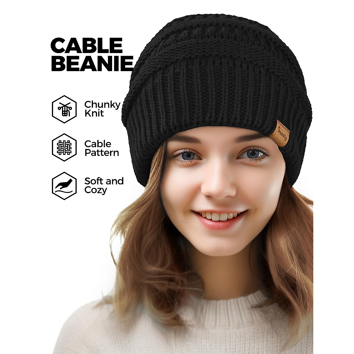 Black Slouchy Beanies for Women Cable Knit Winter Hats Ladies Gifts Oversized Chunky Skull Cap Thick Warm Stocking Caps for Cold Weather Cute Fashionable Spring Fall Beanies Hat Snow Caps Christmas