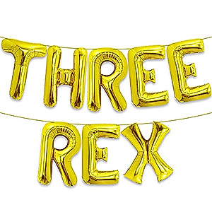 KatchOn, Huge Gold Three Rex Balloons - 16 Inch | Gold Three Rex Birthday Party Decorations | 3 Rex Birthday Decorations Boys | Three Rex Birthday Decorations Boys | Dinosaur Birthday Decorations