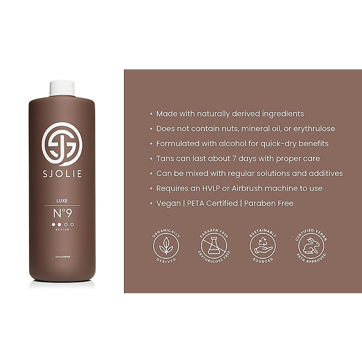 SJOLIE Violet Spray Tan Solution - Luxe 9 - Medium Blend | Sunless Tanning Solution for a Hydrating, Deep Brown Tan - Quart