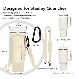 Momocici Cup Holder Carrier Bag with Strap and Pouch for Stanley Quencher 40oz Tumbler. Cup Crossbody Holder Bag Compatible with Stanley Cup for Hiking Travelling Camping.(Cream)