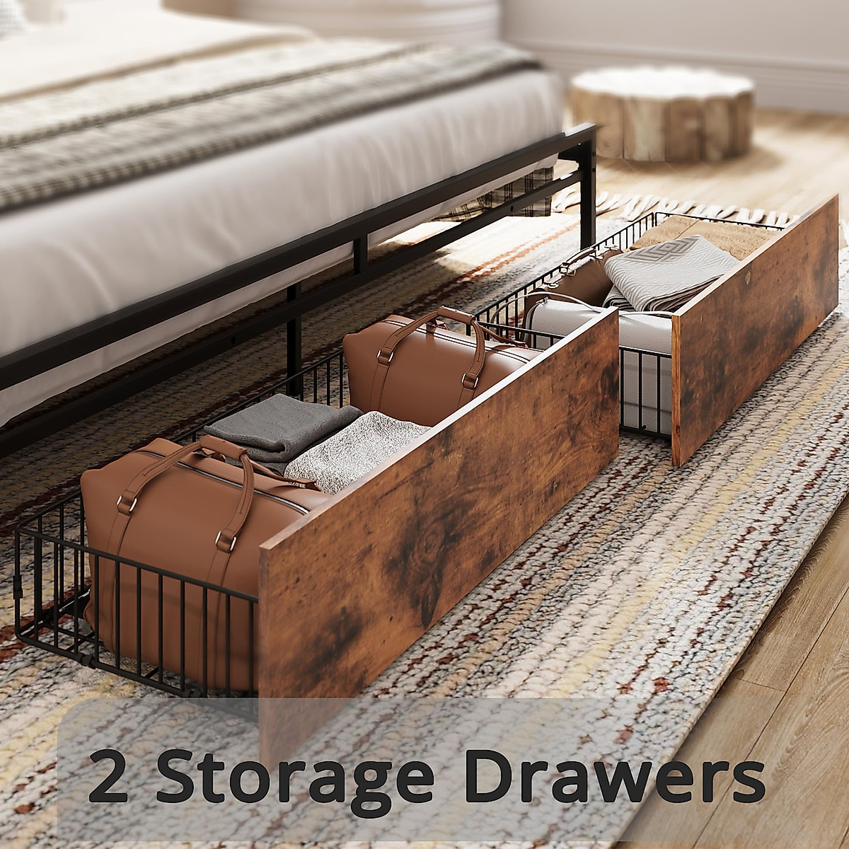 LIKIMIO Queen Bed Frame, Storage Headboard with Charging Station, Platform Bed with Drawers, No Box Spring Needed, Easy Assembly, Vintage Brown and Gray