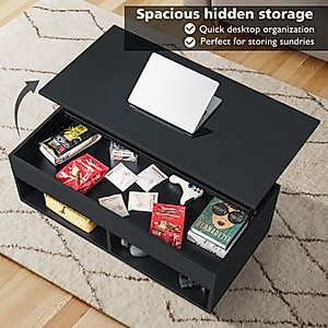 HOMMPA Lift Top Coffee Table with Hidden Storage LED Coffee Table Morden High Gloss Black Living Room 3 Tiers Modern Tea Table with Storage Center Tables Hidden Compartment & 2 Open Shelves