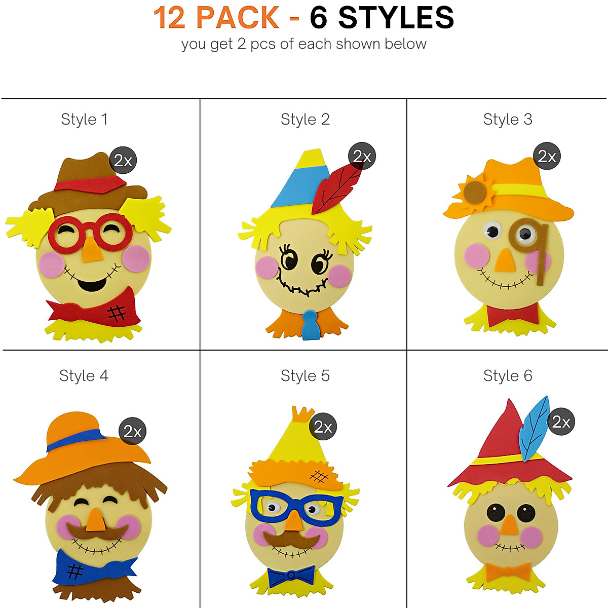 4E's Novelty Scarecrow Fall Crafts for Kids (12 Pack) Foam Self Adhesive, Crafts for Kids Bulk with Magnet, Halloween, Thanksgiving DIY Party Favors Activity for Ages 3-12