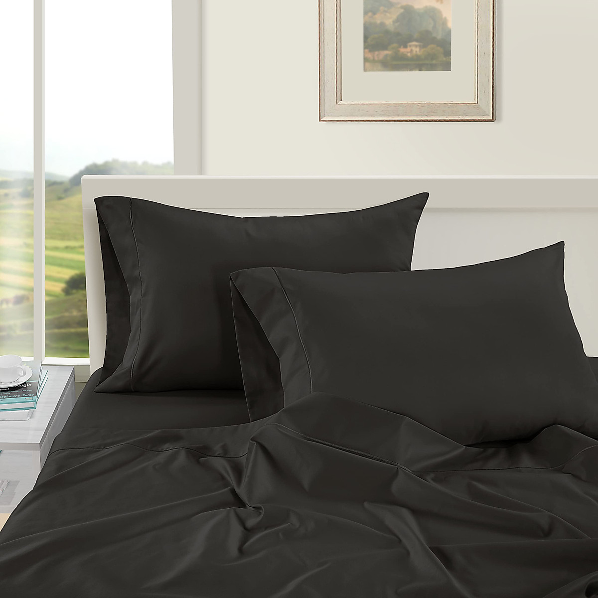 LANE LINEN 1000 TC 100% Egyptian Cotton Sheets Set Full Size Bed, Fully Elasticized Reinforced Seams Extra Deep Pocket Full Sheets Set (Never on Clearance), No Pill Fade Resistant Cooling - Black