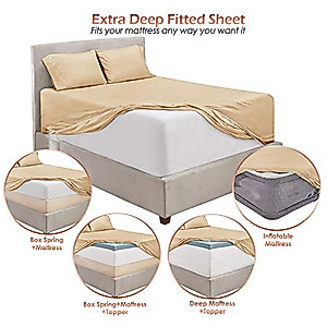 Hearth & Harbor Extra Deep Pocket 4-Piece Bed Sheets Set - Super Deep Fitted Sheet 18-24 inces Depth, Fits High Profile Mattresses with Toppers, Queen, Beige Cream