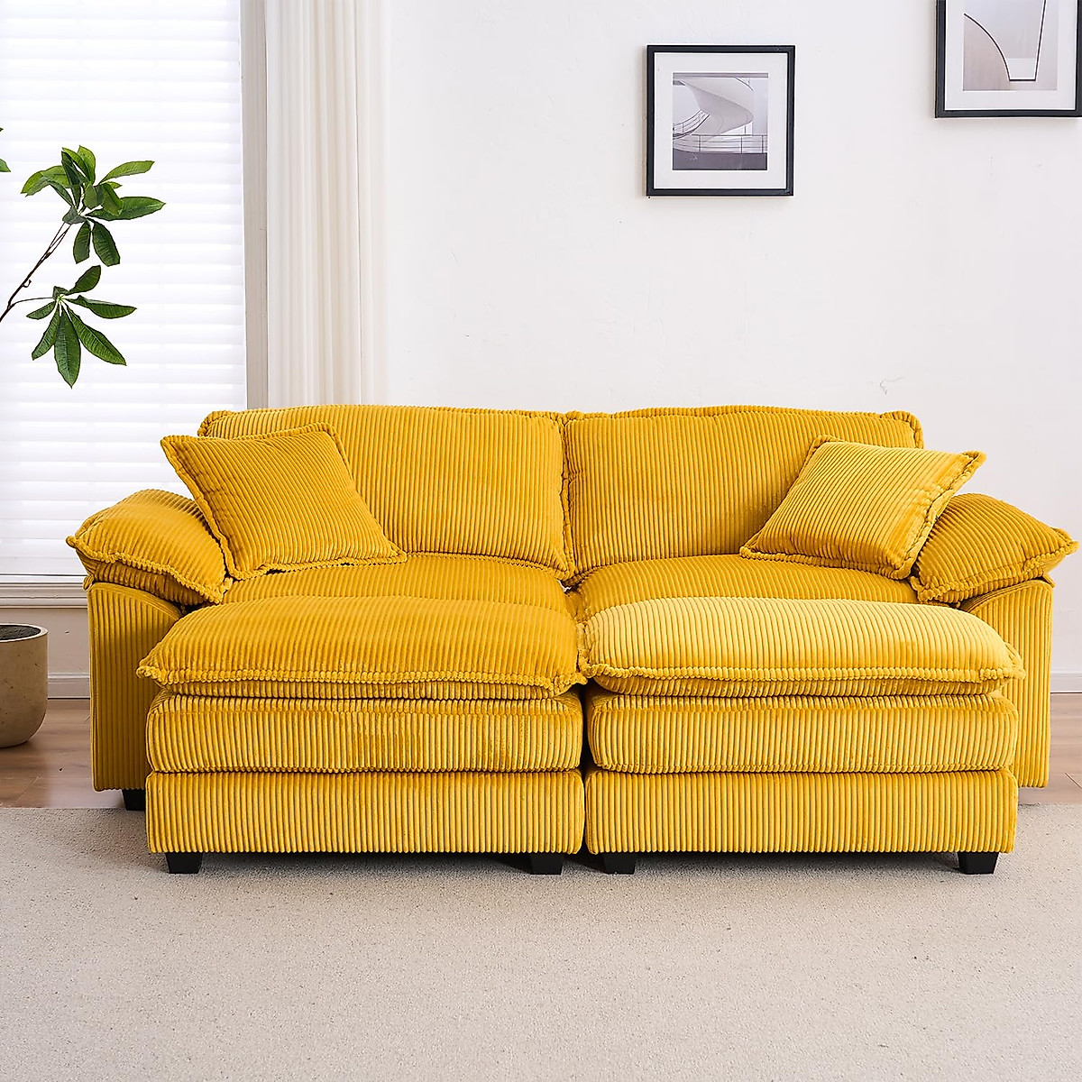 Corduroy Sectional Couch, 84“ Width Oversize Loveseat Sofa, Comfy Plush Cloud Couch Lounge Chair with Ottomans and 2 Pillows for Small Spaces, Living Room, Bedroom, Office Easy to Install (Yellow)