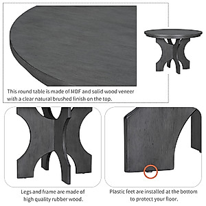 FIQHOME Kitchen Room Retro 5-Piece Set, 44'' Wood Round Dining Table with Curved Bench & 3 Upholstered Chairs and Special-Shaped Legs, 4-5 People,Grey, Gray