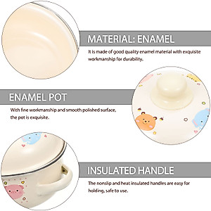Stovetop Ceramic Cookware Enamel Milk Pot Stew Pot: Dual Handle Soup Bowl Stovetop Milk Cooking Bowl Kitchen Flat Bottom Pan with Lid Cover Pets Pattern Steam Soup Pot