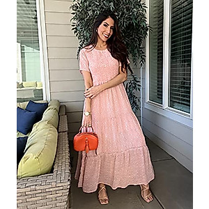 BTFBM Women Casual Short Sleeve Crew Neck Summer Dress Bohemian Floral Printed Flowy Maxi Dresses Tiered Cocktail Dress（Pink, Small