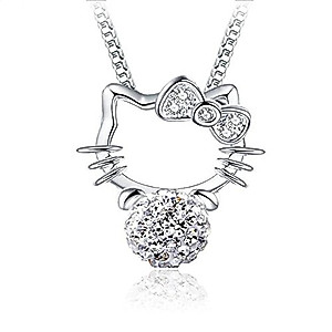Yihua_Store Cute Real 925 Sterling Silver Cat Pendant Necklace Rhinestone Ball Pendant