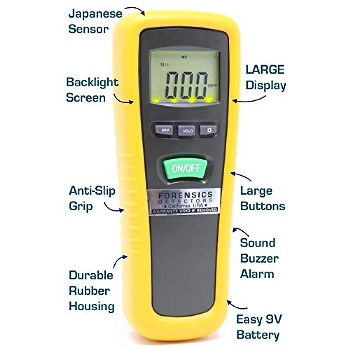 Basic Ammonia Meter by Forensics | 0-100ppm with 1ppm Resolution | Farm, Poultry, Pig & Livestock | Soft Touch Rubber Grip | Large Display & Backlight | Mode: FD-NH3000 | Yellow