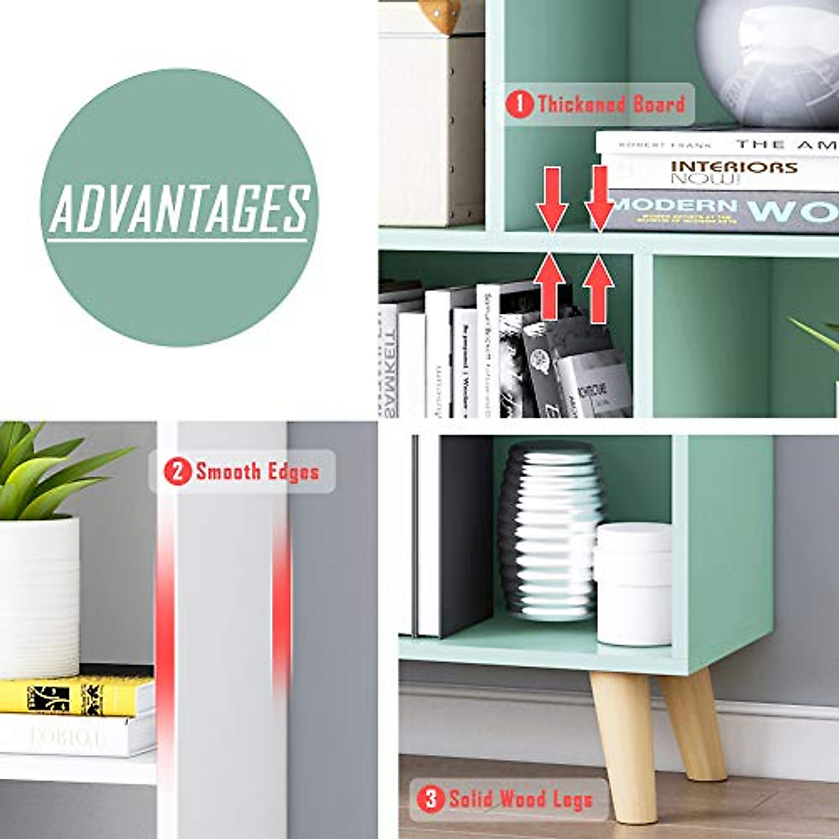 IOTXY Wooden Open Shelf Bookcase - 3-Tier Floor Standing Display Cabinet Rack with Legs, 5 Cubes Bookshelf, Pear Yellow