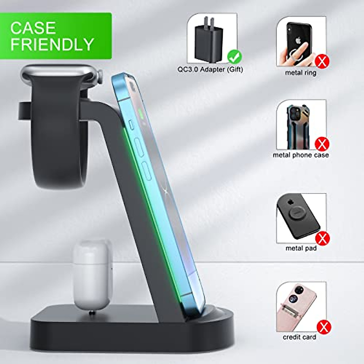 Wireless Charging Station - 3 in 1 Wireless Charger for iPhone 14/13 Pro/13/12/11 Pro Max/X/Xs/8/8 Plus,Wireless Charging Stand Dock for Apple Watch Series AirPods 3/2/1/pro(with Adapter)