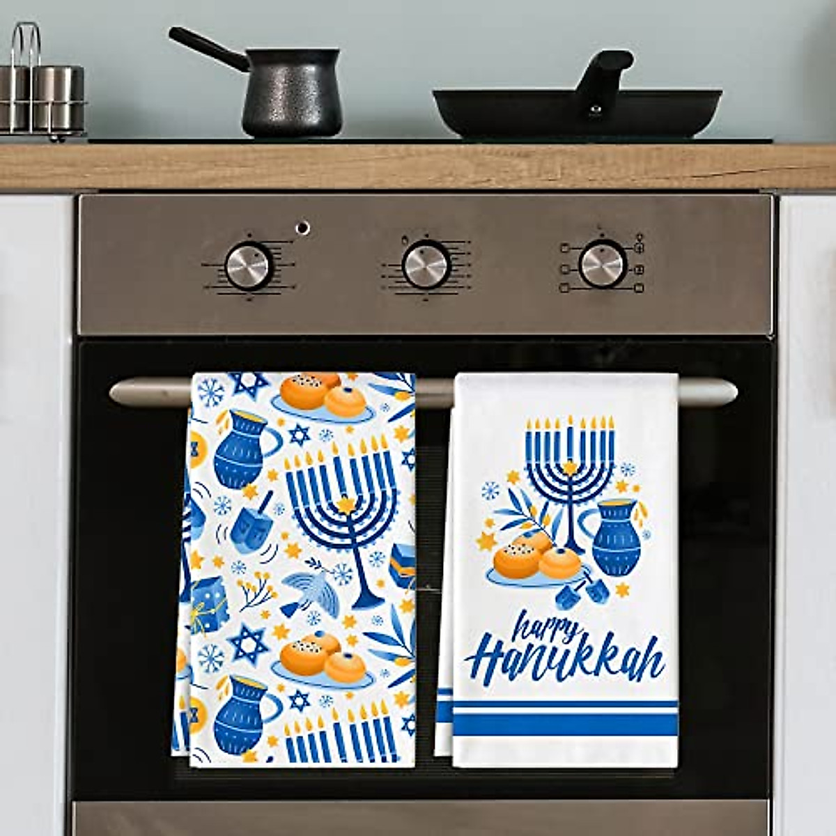 AnyDesign Happy Hanukkah Kitchen Towel 18 x 28 Inch Blue Watercolor Candlestick Dish Towel Jewish Festival Tea Towel Hand Drying Towel for Home Kitchen Cooking Baking, 2 Packs