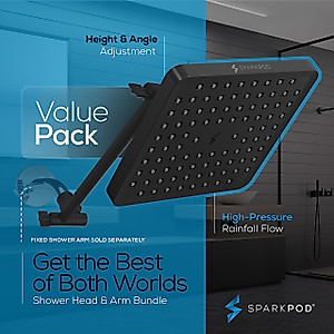 SparkPod Square Rain Shower Head with Shower Head Extension Arm - High Pressure Rain - Luxury Modern Look - No Hassle Tool-less 1-Min Installation (11" Shower Arm Extension, Elegant Brushed Nickel)