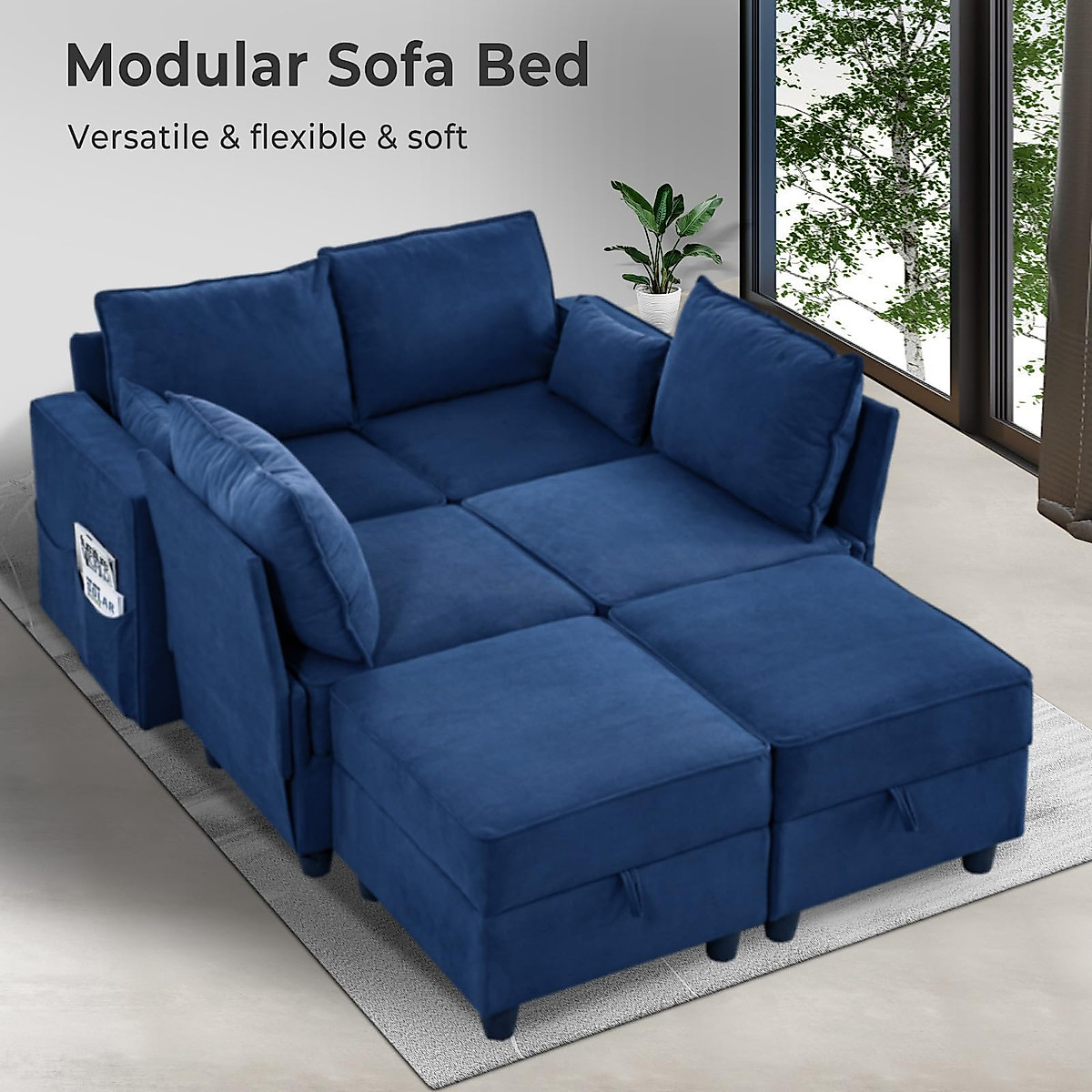 Unovivy 112.6" Modular Sectional Sofa, Convertible U Shaped Module Storage Reversible Ottomans, 6 Seater Corduroy Velvet Couch for Living Room, Blue