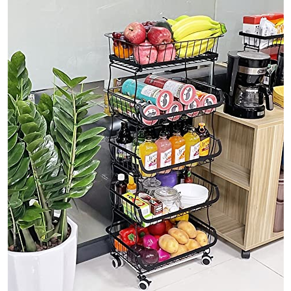 OKZEST 5 Tier Fruit Basket for Kitchen, Rolling Vegetable Fruit Storage Basket Stand Organizer Cart for Snack Potato Onion Produce, Utility Stackable Metal Wire Storage Bin Rack with Wheels for Pantry