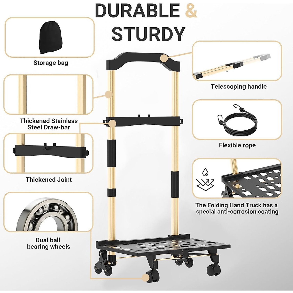 Folding Hand Truck, 200 lbs Durable Luggage cart with All-Terrain Triple Wheels, Multifunctional and Compact Dolly cart with Wheels for Shopping, Moving and Traveling, Gold