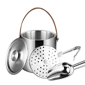 Bakpoco Double-Wall Vacuum Insulated Ice Bucket with Lid, Scoop, Ice Tong, Strainer & Leather Handle Keep Ice Frozen Longer Large Wine Ice Buckets for Cocktail Bar,Parties Chilling Beer Champagne 3L