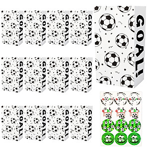 BLMHTWO 12 Pack Soccer Paper Bags Soccer Snack Bags with Stickers, Soccer Bags for Treats Soccer Gift Bags for Kids Party Favors Birthday Party Supplies