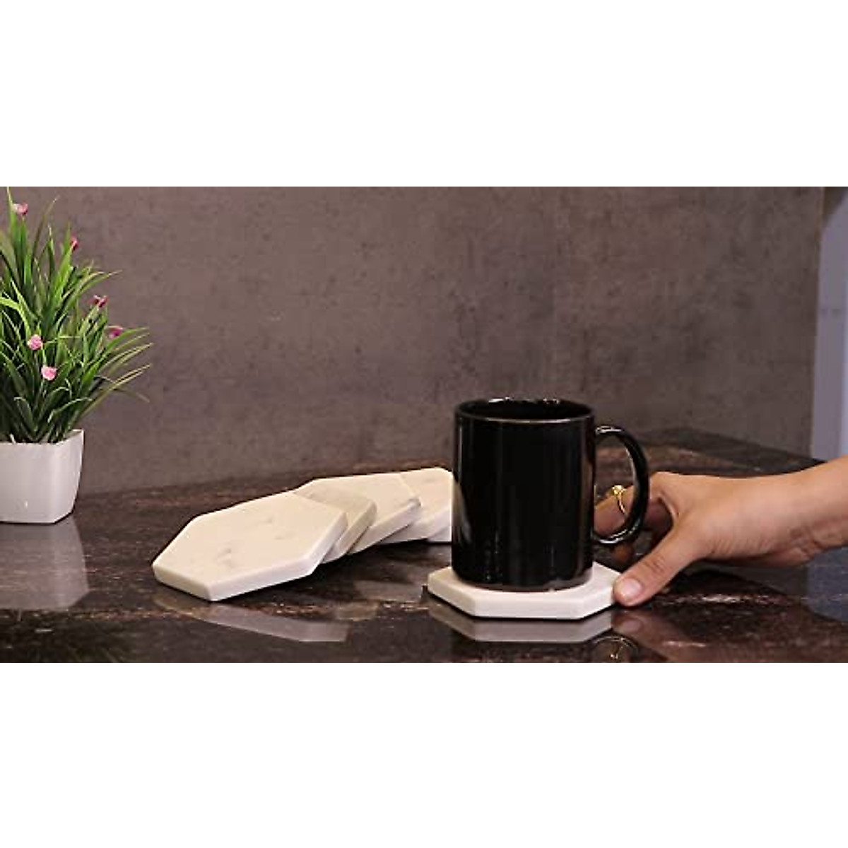 Lavaux Designs – Set of 6 Hexagon Marble Coasters | White Decor for Modern Homes | Drink Coasters for Coffee Table, Dining, Bar or Office| Made from 100% Solid Real Marble | Cute Stone Coasters