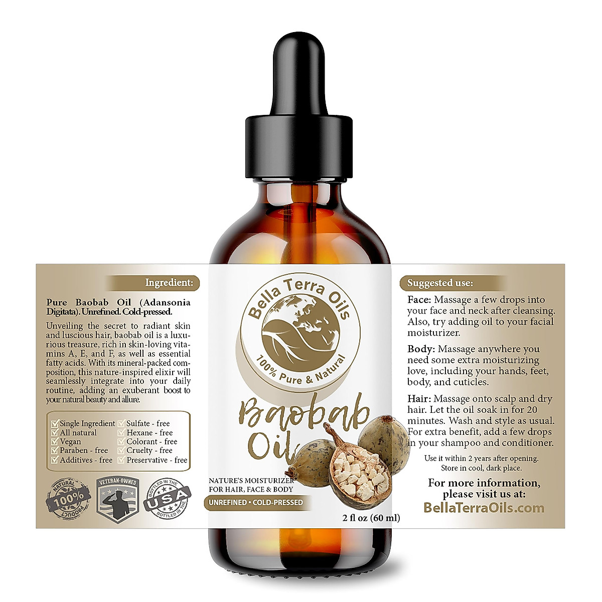 Bella Terra Oils - Baobab Oil 16oz - The Ultimate Choice for Skin Hydration, A Symphony of Amino Acids & Essential Minerals for Your Skin