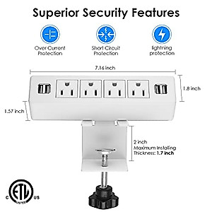 ANNQUAN Desktop Clamp Power Strip with 4 USB Ports,Desk Mount Power Strip,Office Supplies for Edge Mount Desk Power Station,6ft Extension Cord,Desk Power Hub,4 Outlets(White)